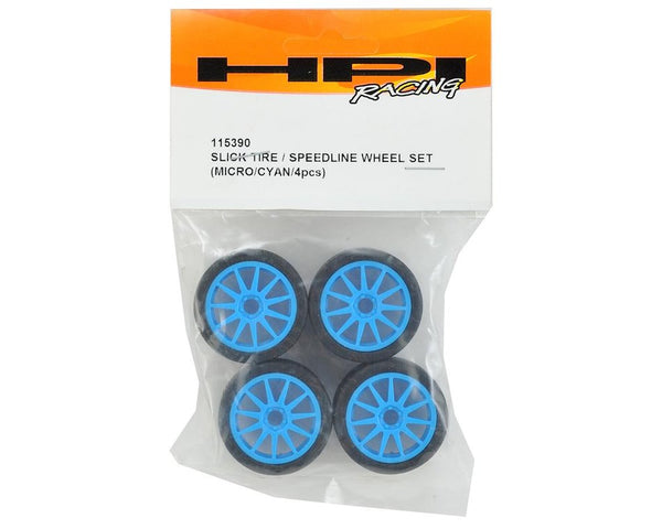 HPI Micro RS4 Slick Tire & Speedline Wheel Set (Cyan) (4) - Modeltune
